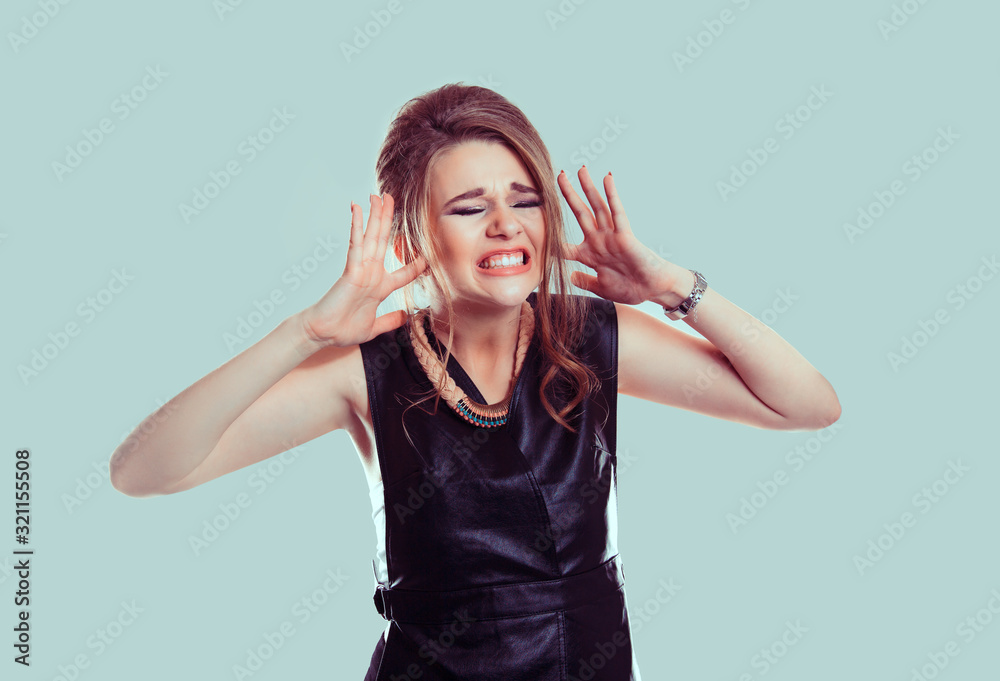 Too loud. Closeup portrait stressed woman covers ears with hands ...