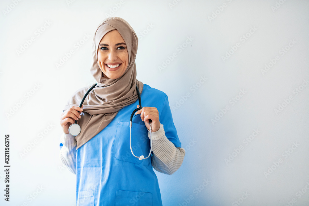 Closeup portrait of friendly, smiling confident muslim female nurse ...