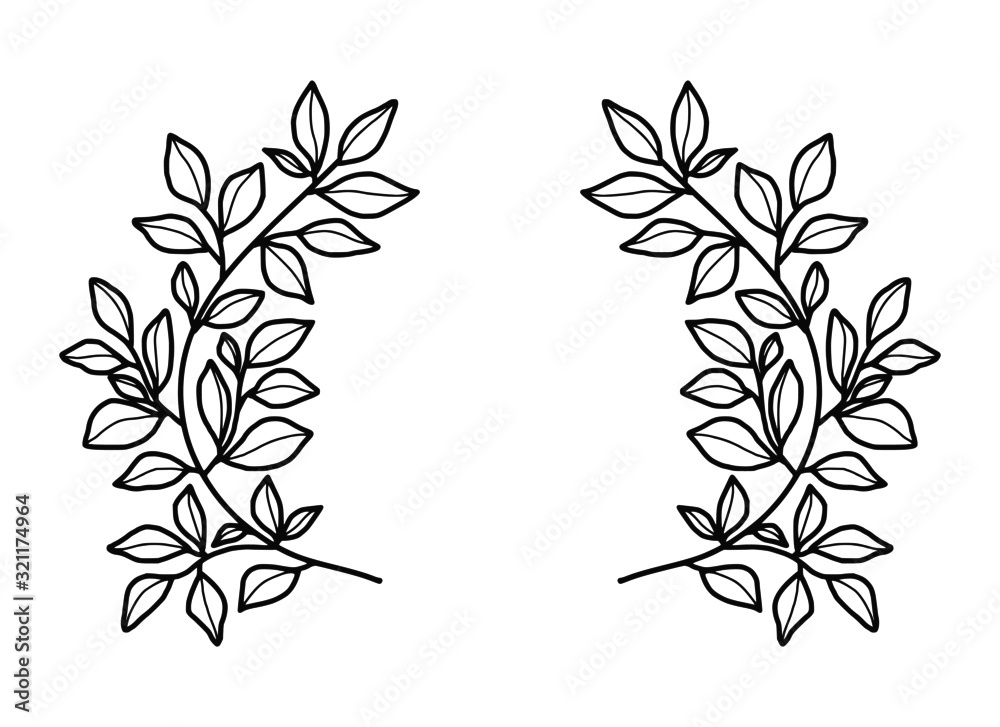 Hand drawn black and white floral bracket or frame elements with ...