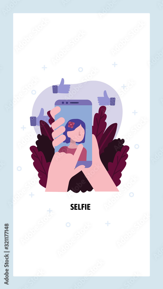 Young girl takes selfie on mobile phone. Social media photo sharing ...