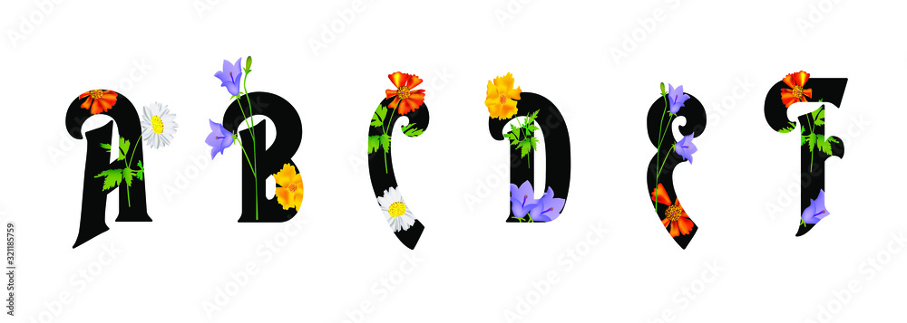 Vintage flower alphabet. Hand drawn vector illustration Isolated on ...