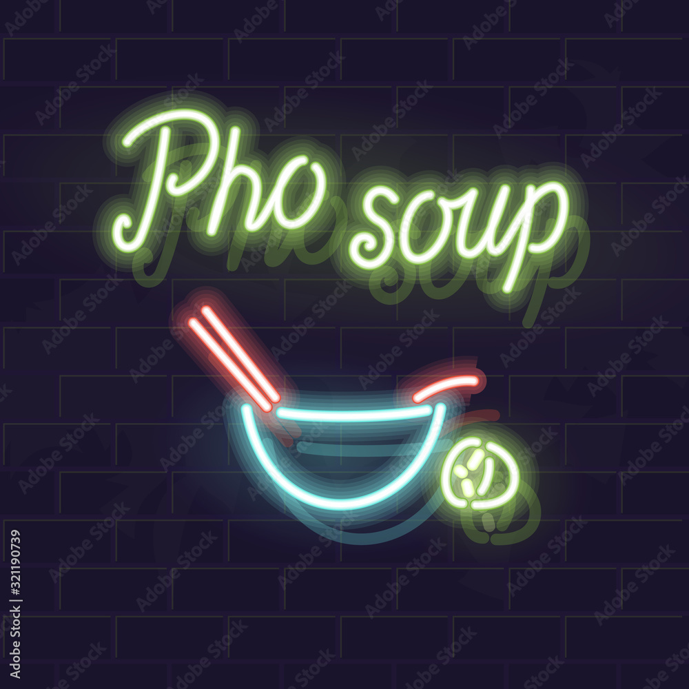 Neon pho bo typography with icon for bar sign, logo. Oriental bowl of ...