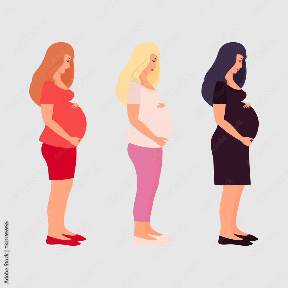 Three images of a pregnant woman in full growth, side view. Vecor. Flat ...