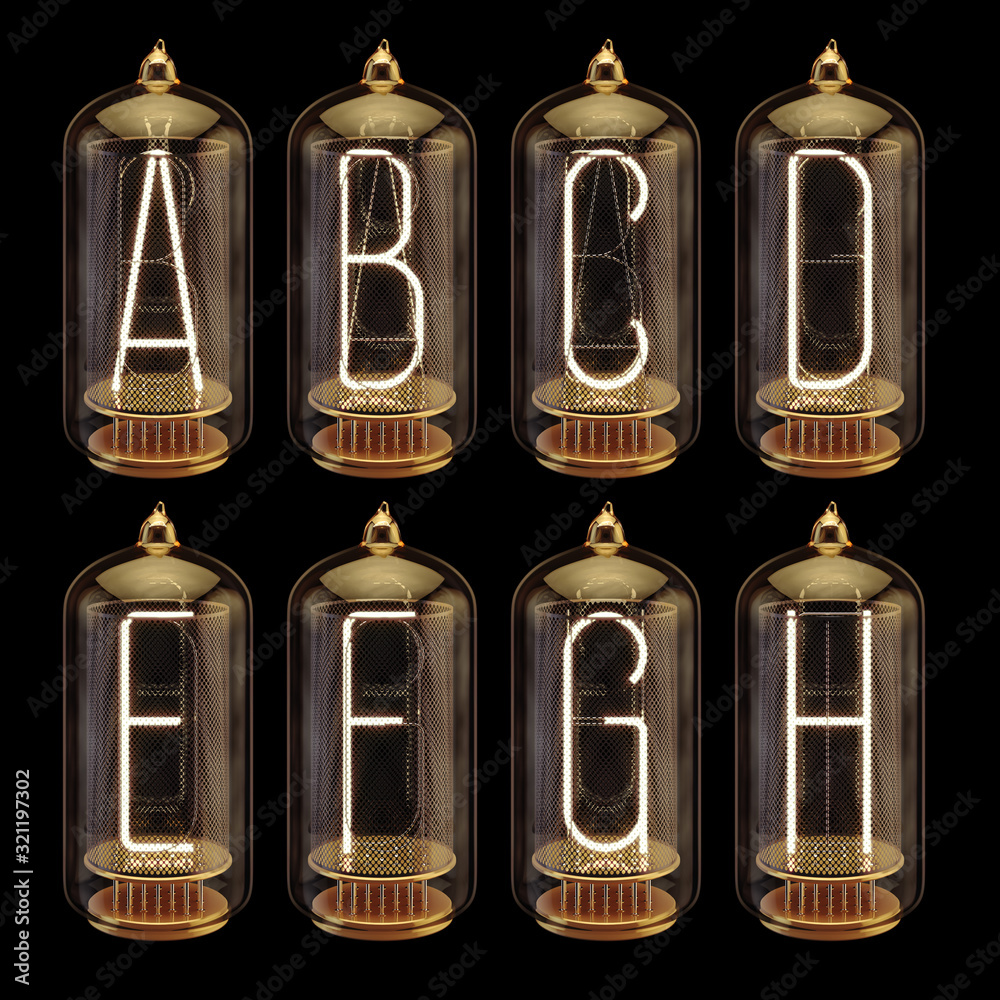 3d rendering of a vintage electronic vacuum tubes with glowing font ...