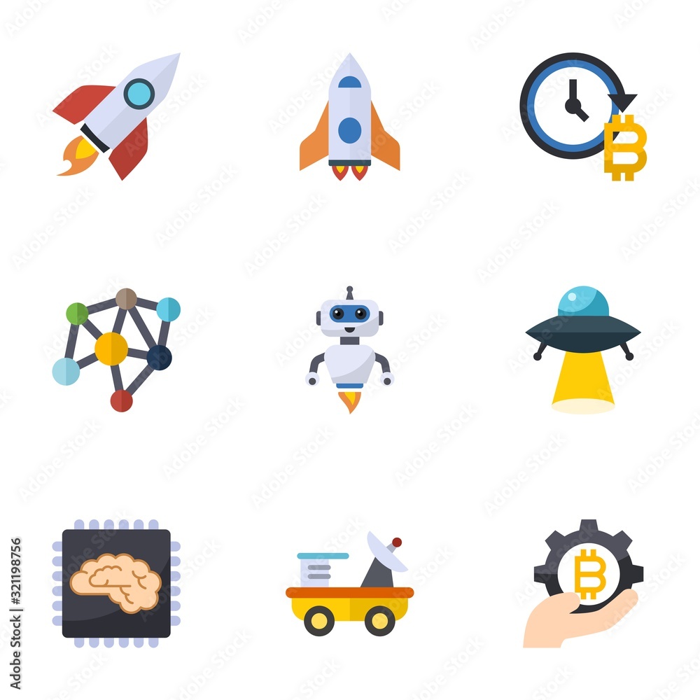 9 future flat icons set isolated on white background. Icons set with ...