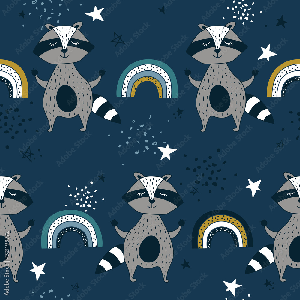 Raccoons, rainbow, hand drawn backdrop. Colorful seamless pattern with ...