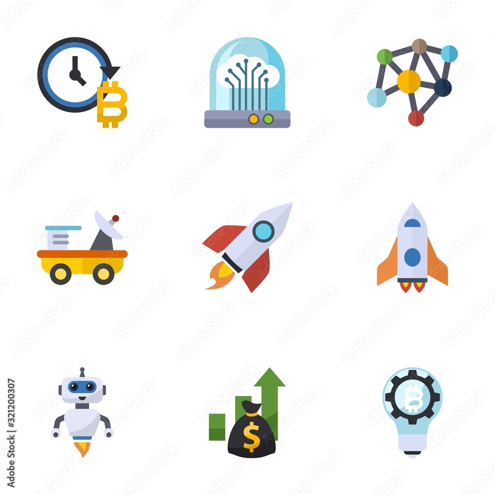 9 future flat icons set isolated on white background. Icons set with ...