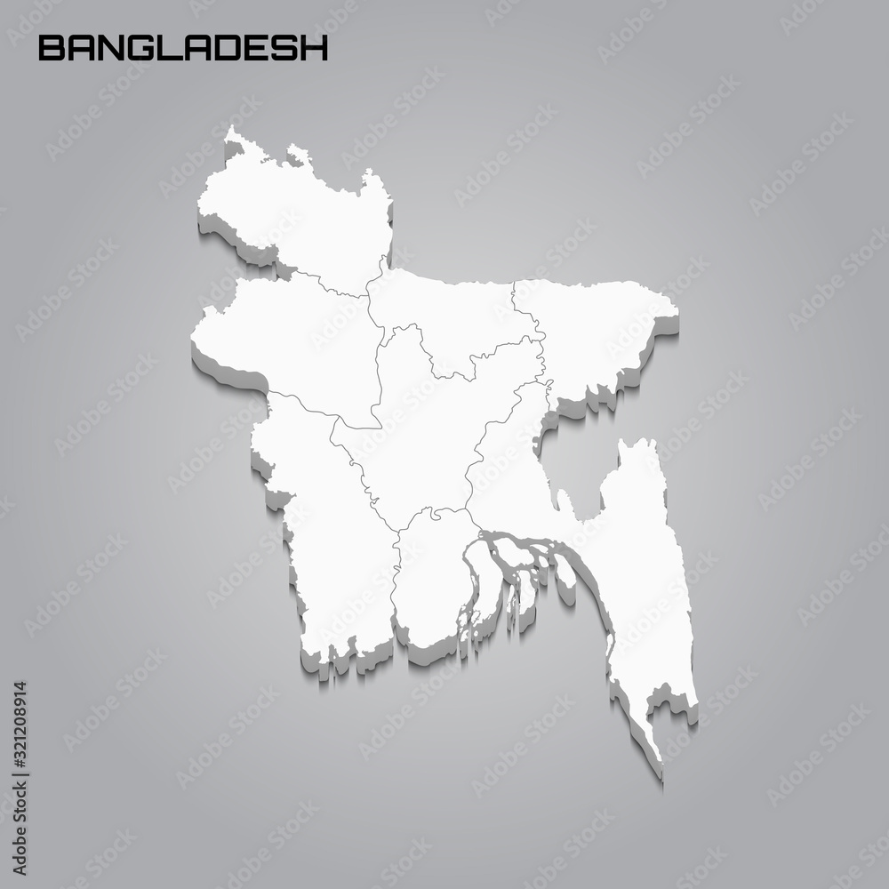 Bangladesh 3d map with borders of regions Stock Vector | Adobe Stock