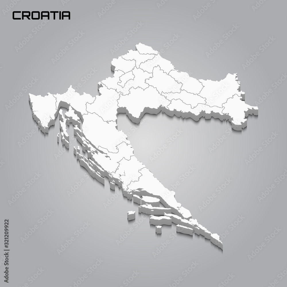 Croatia 3d map with borders of regions Stock Vector | Adobe Stock