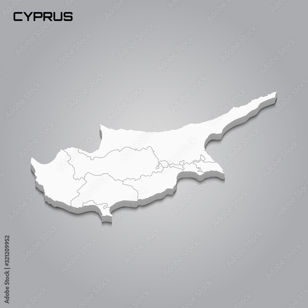 Fototapeta mapa świata dla dzieci Cyprus 3d map with borders of regions ...
