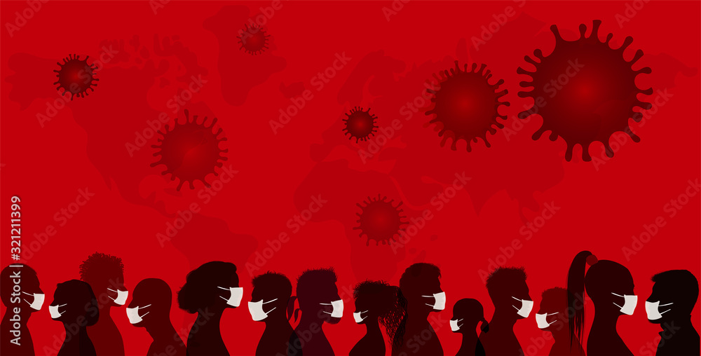 Crowd of people with medical masks that protect themselves and prevent ...