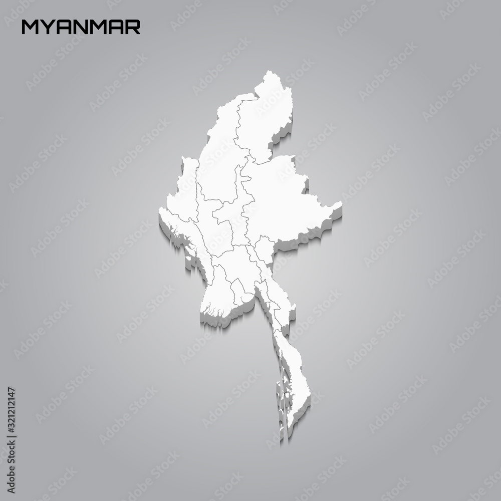 Myanmar 3d map with borders of regions Stock Vector | Adobe Stock