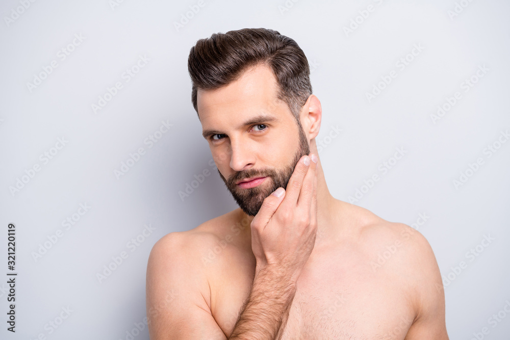 Closeup photo of metrosexual macho man guy hand touch perfect stubble ...