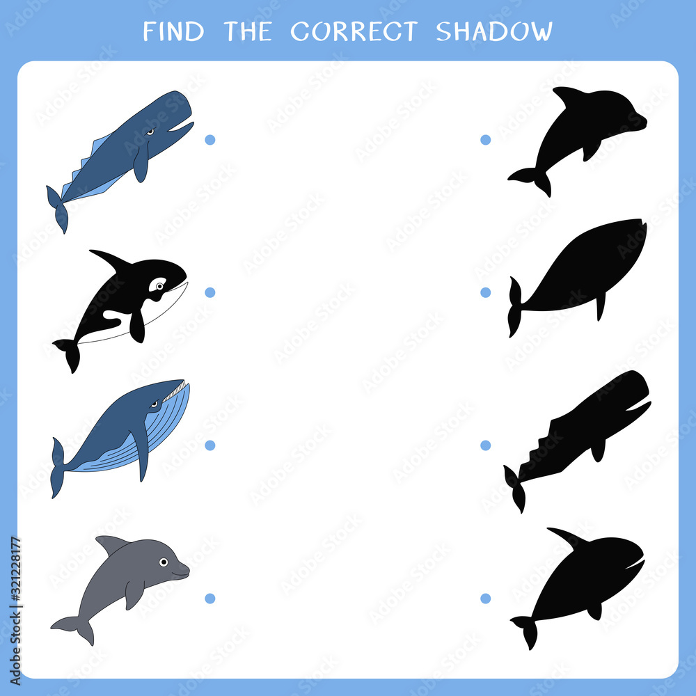 Find the correct shadow for whales. Worksheet of simple educational ...