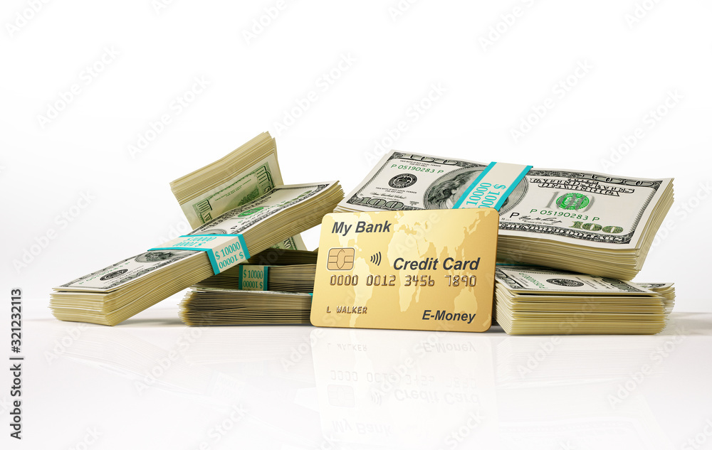 Money. Group of 100 USD banknotes wads and credit card. Stock Photo ...