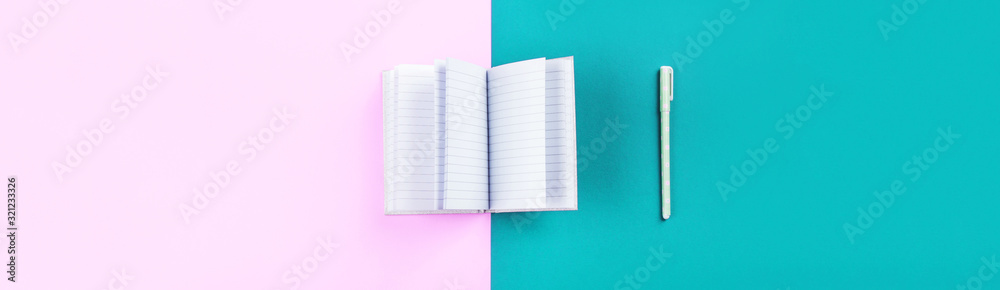 Duotone pink and blue background with open notebook and pen. Diary ...