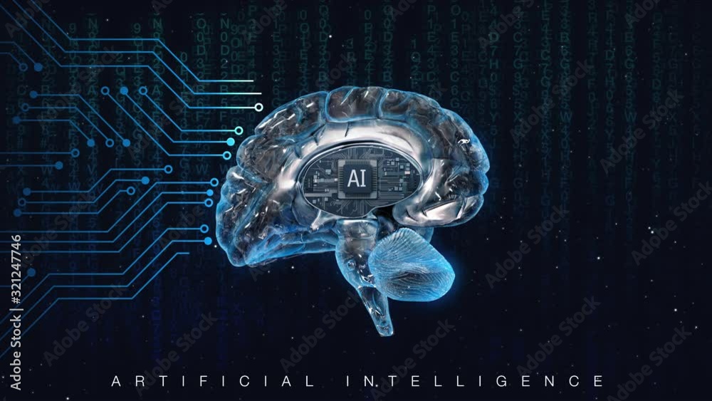 The AI CPU brain appears in the center. Curcuit board dataline ...
