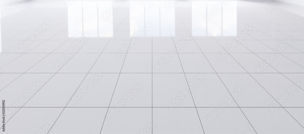 White tile floor background in perspective view. Clean, shiny and ...
