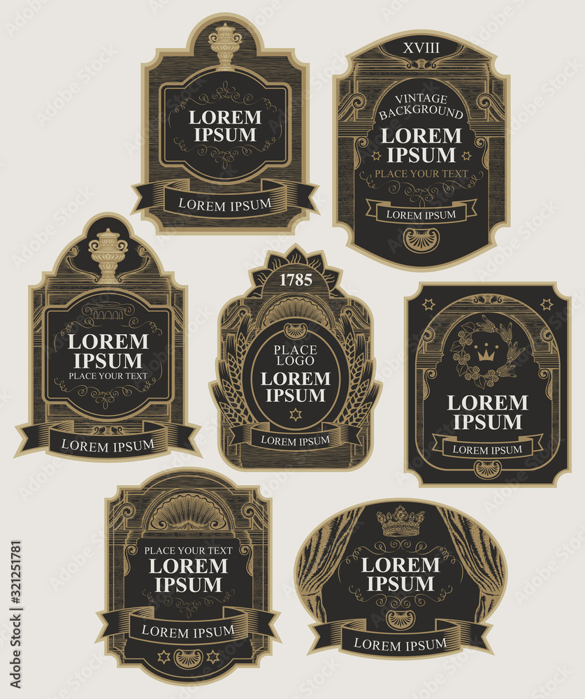 Vector set of ornate labels in black and gold colors in retro style ...
