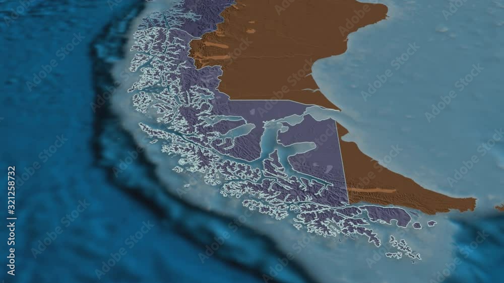 Magallanes y Antártica Chilena, region with its capital, zoomed and extruded on the ...