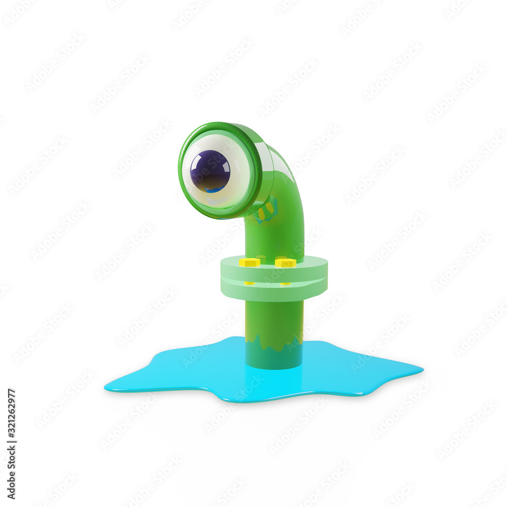 Cartoon monster in a sewer pipe in glossy green, looks with one eye ...