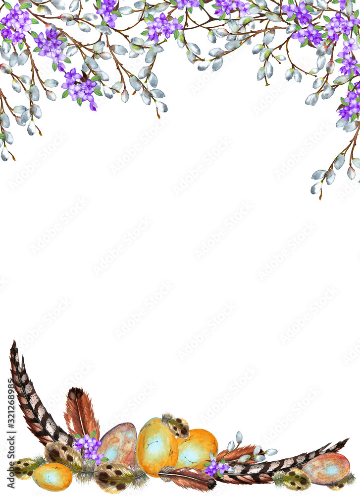 Beautiful spring vertical frame. Realistic wild birds eggs and feathers ...