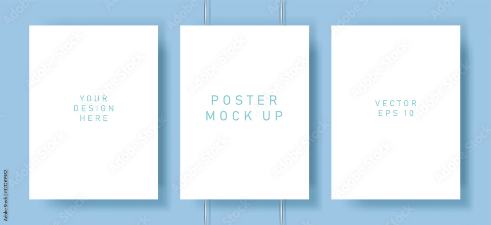 White blank poster with drop shadows hanging on wall. Empty paper sheet ...