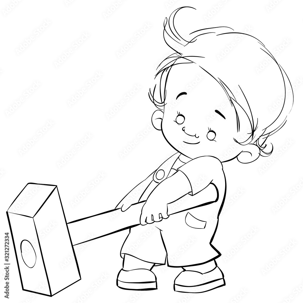 cute little boy trying to raise a big heavy hammer, helper, outline ...