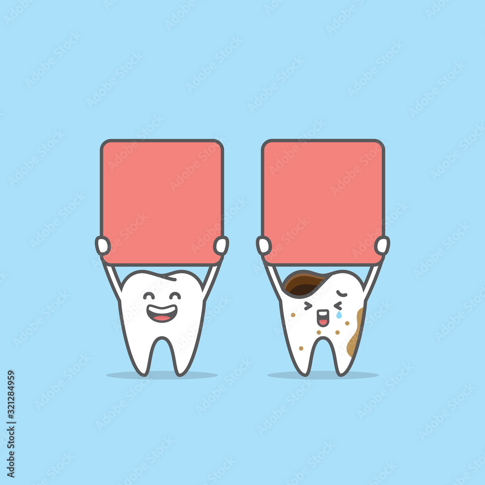 Happy Tooth boy smiling and Sad Tooth boy crying holding the blank sign ...