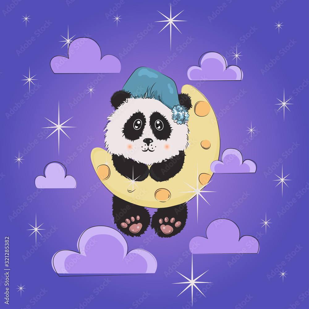 Cute panda baby on moon on night sky background with stars cartoon ...