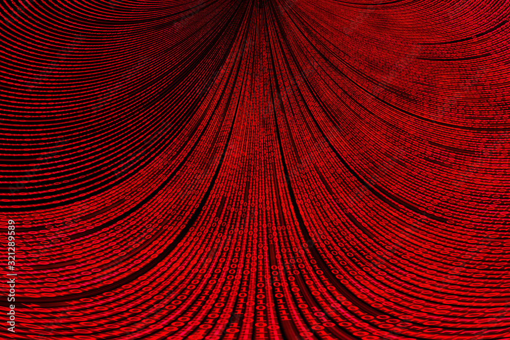 Red binary code flowing down from top to bottom, isolated on black ...