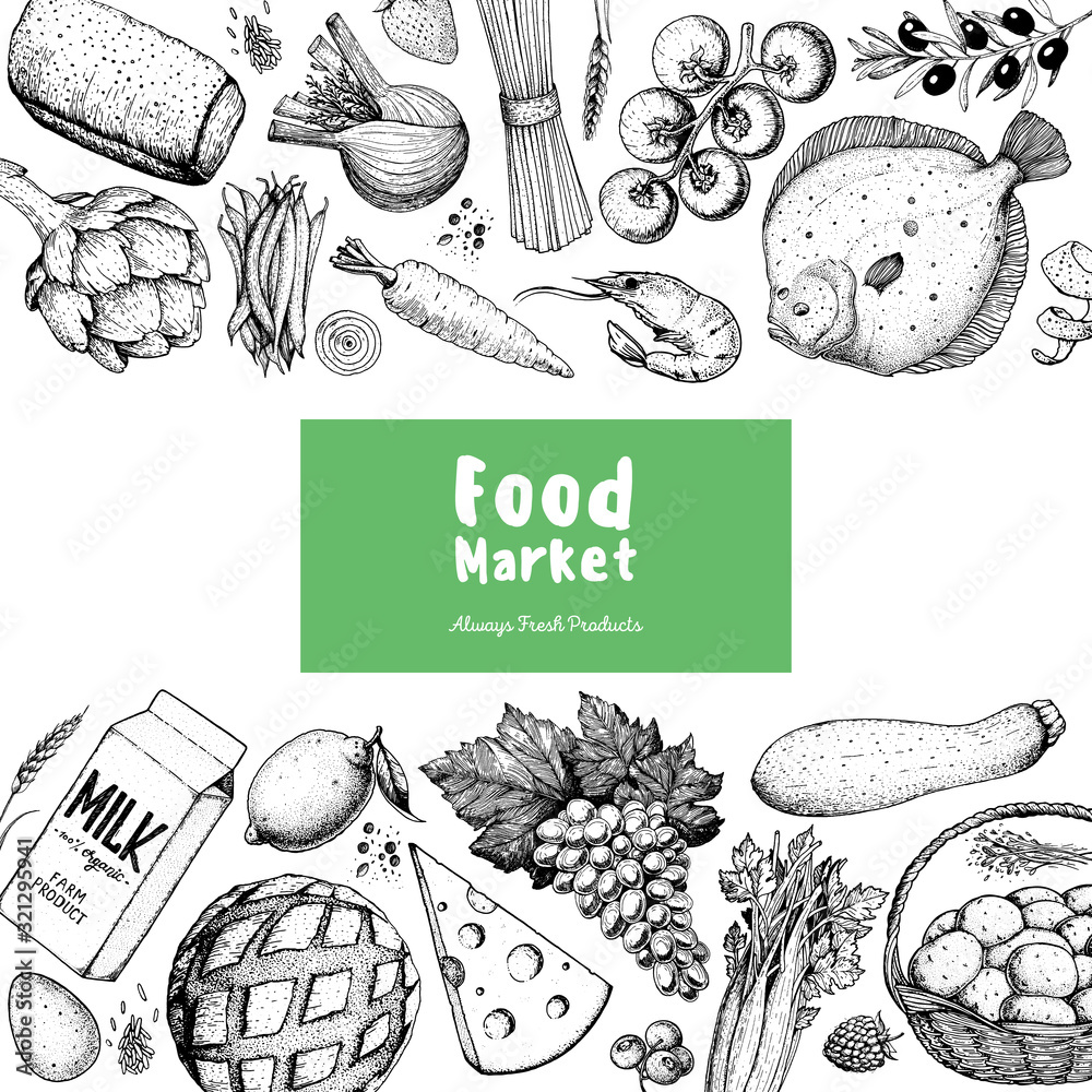 Food frame sketch. Vector illustration. Vegetables, fruits, meat, bread ...