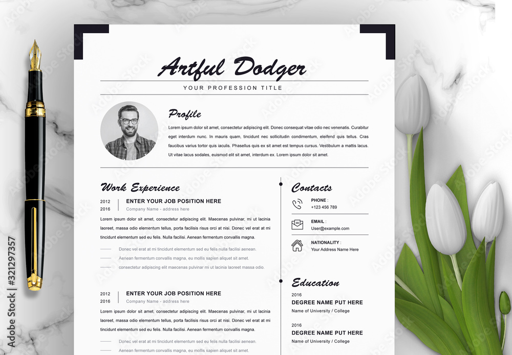 Resume Layout with Black Bracket Border Element Stock Template | Adobe ...