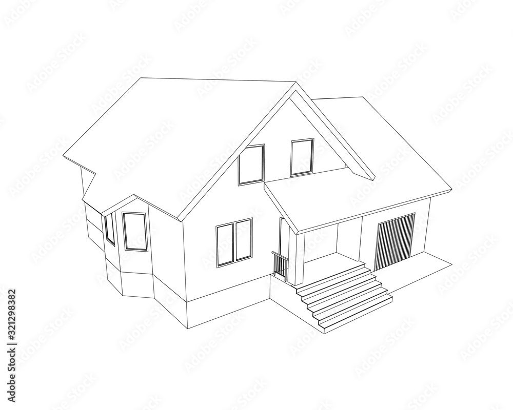 Building perspective 3D. Drawing of the suburban house. Outlines ...