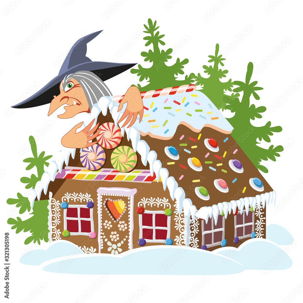 Funny gingerbread house made of sweets and cookies. Illustration for a ...