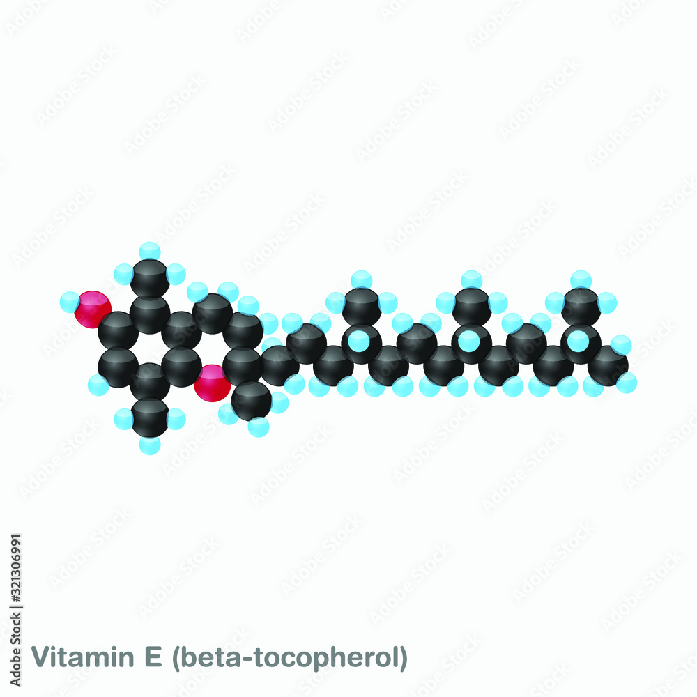 The molecule of vitamin E (beta-tocopherol). Vector illustration in 3d ...