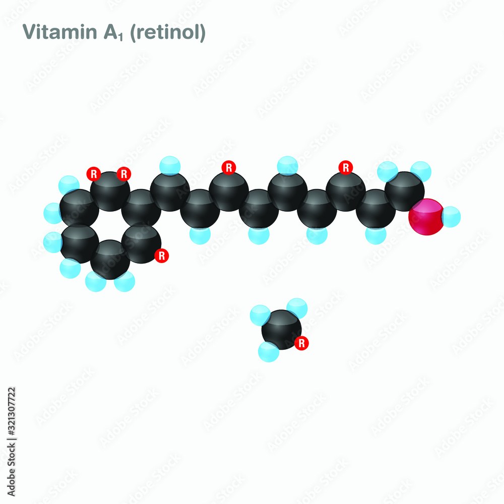 The molecule of vitamin A1 (retinol). Vector illustration in 3d style ...