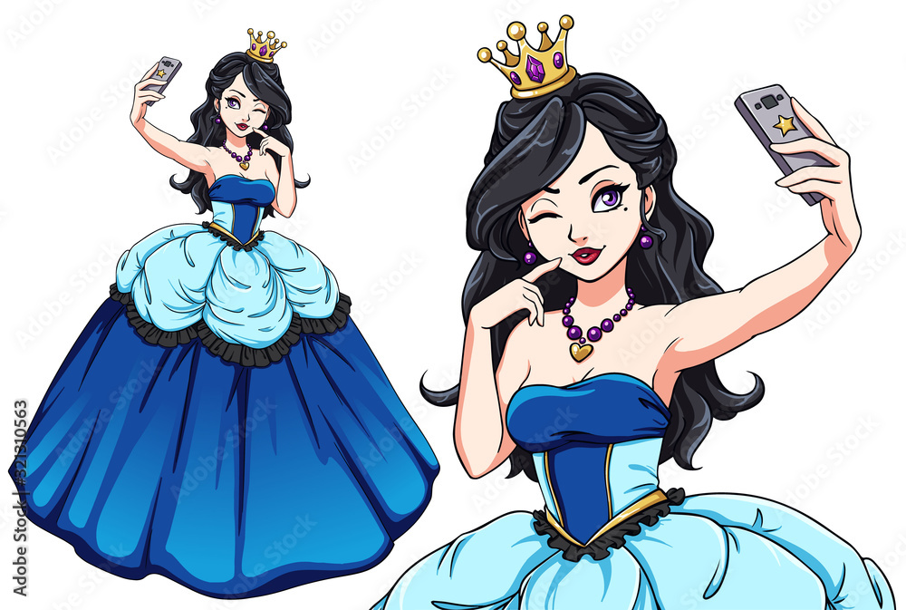 Pretty cartoon princess taking selfie. Brunette girl wearing blue royal ...