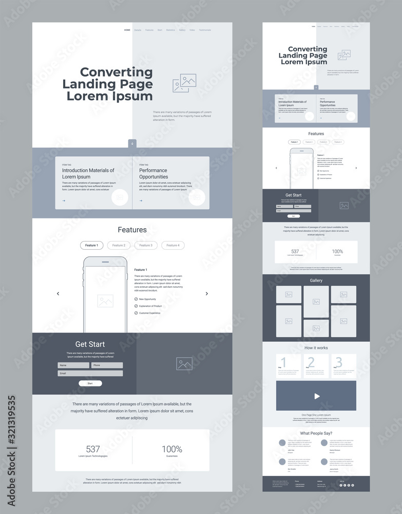 Landing page wireframe design for business. One page website layout ...