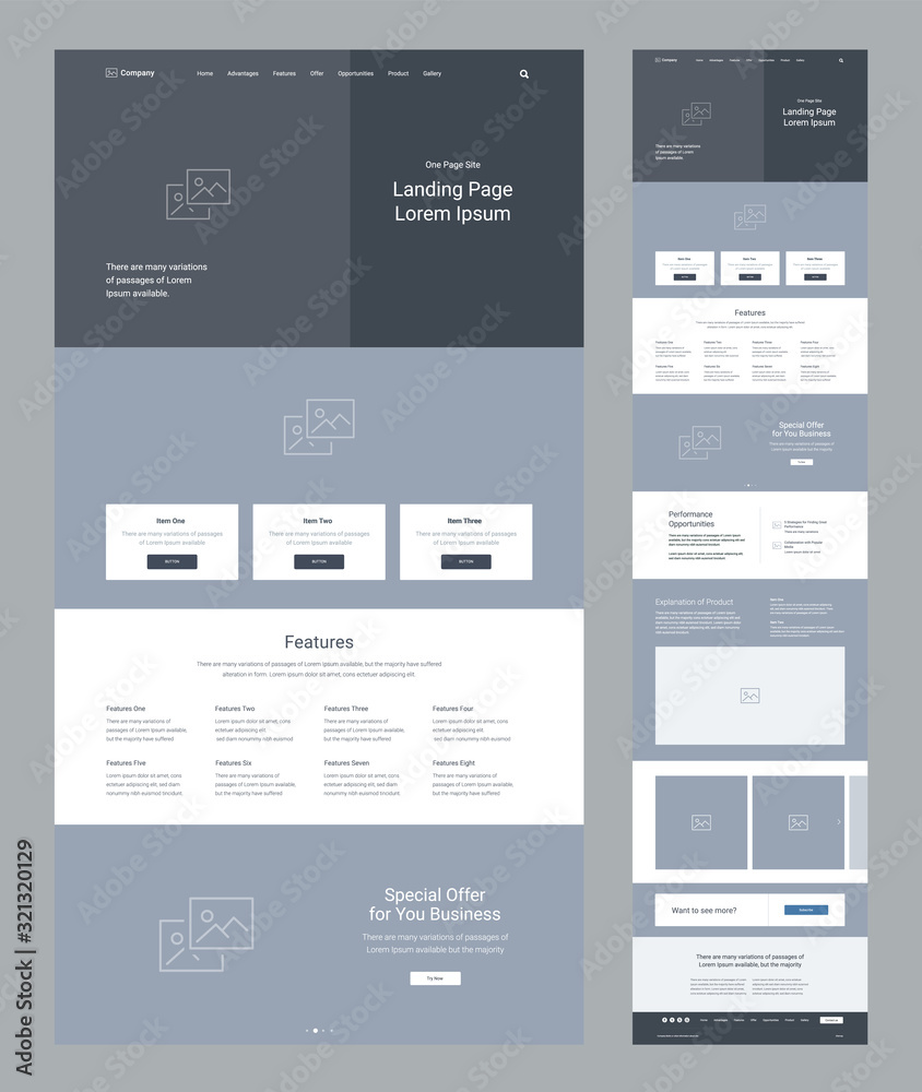 Landing page wireframe design for business. One page website layout ...
