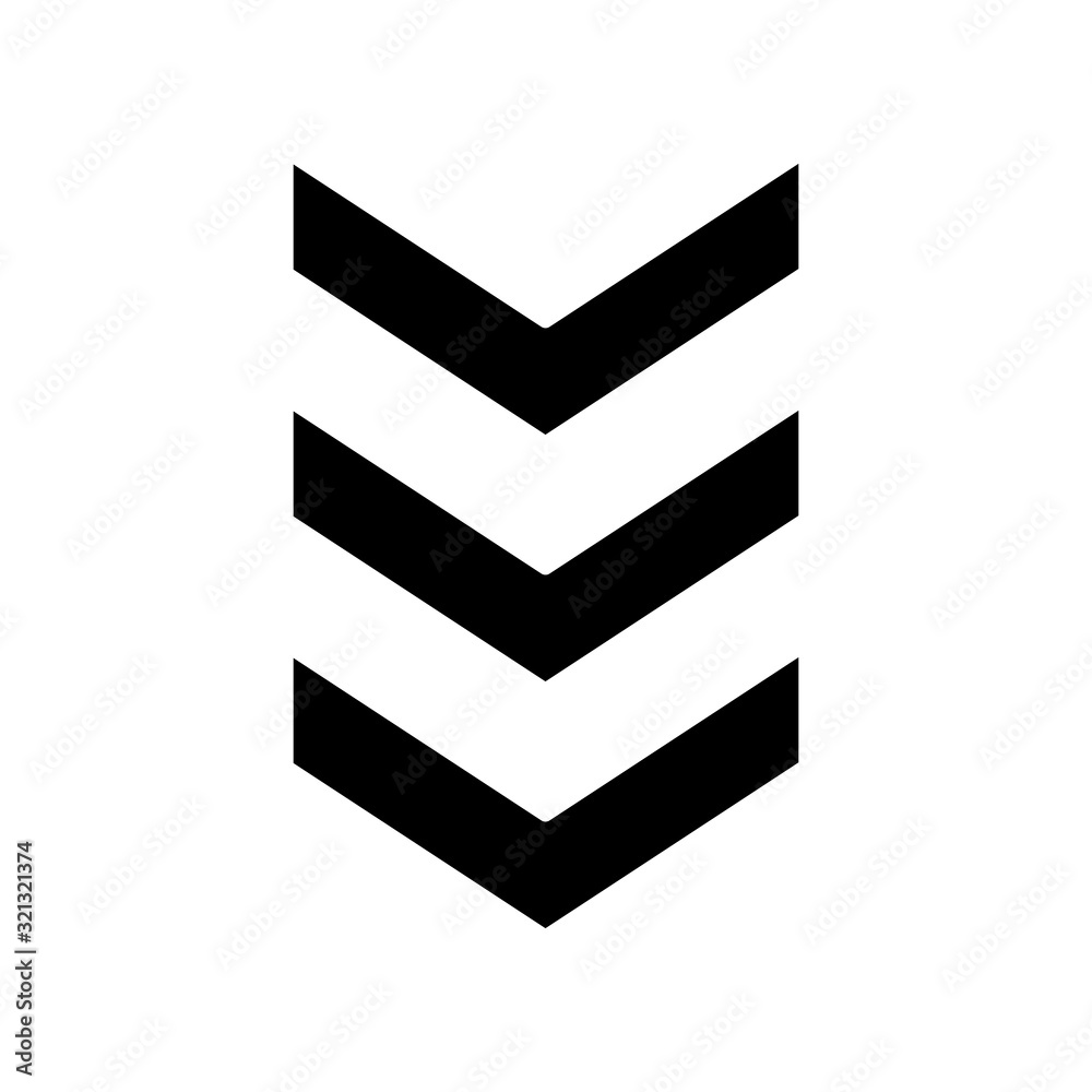 Three down arrows black glyph icon. Vertical scrolling button. Downloading process indicator ...