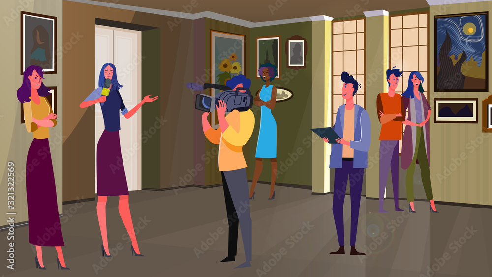 Journalists making reportage in art gallery. Reporter, cameraman ...