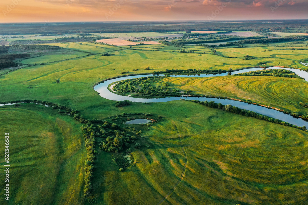 Belarus. Aerial View Of Green Forest, Meadow And River Landscape In ...