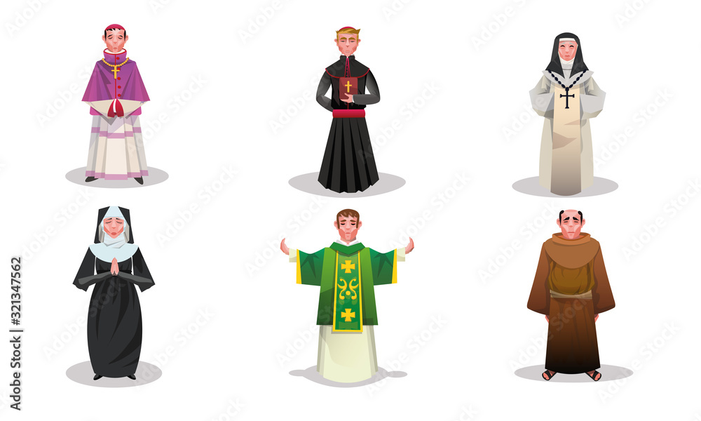 Set of catholic priests, monks and nuns characters vector illustration ...