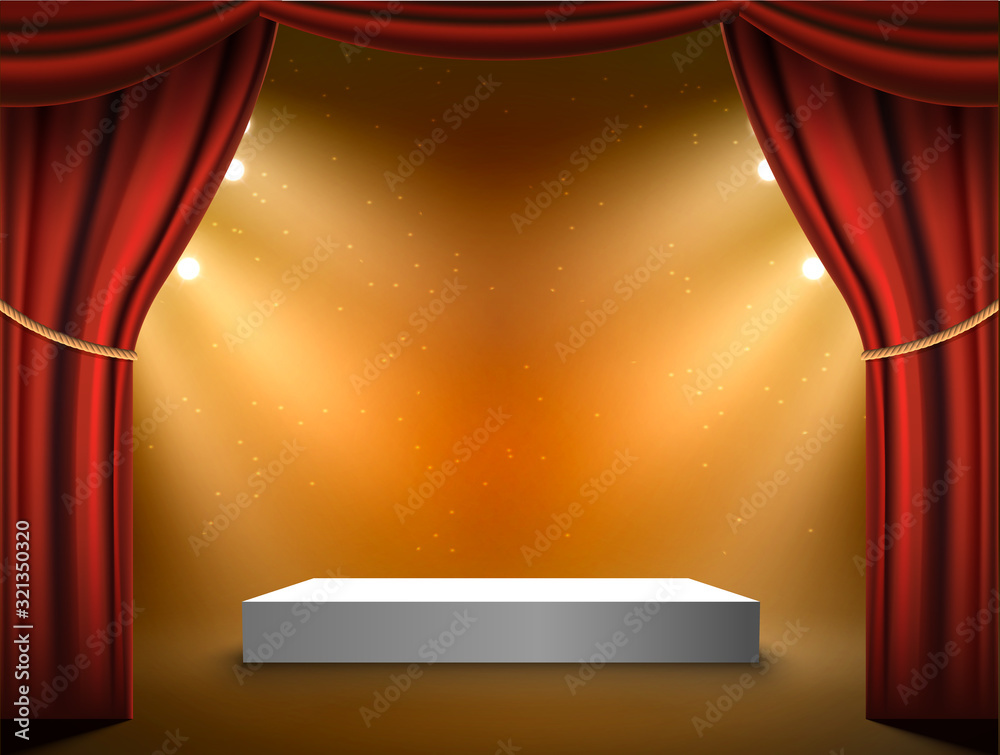 Podium vector stage background. Red curtains show light award podium ...