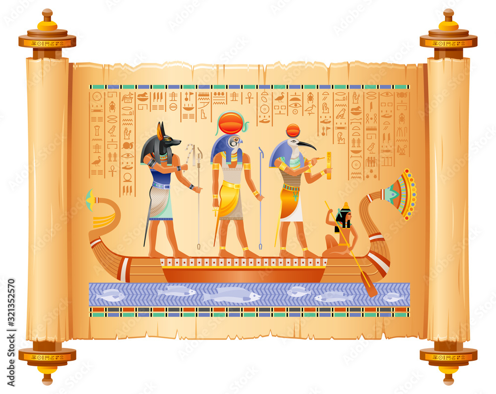 Egyptian papyrus with gods in boat. Anubis, Ra, Thoth, ancient Egyptian ...