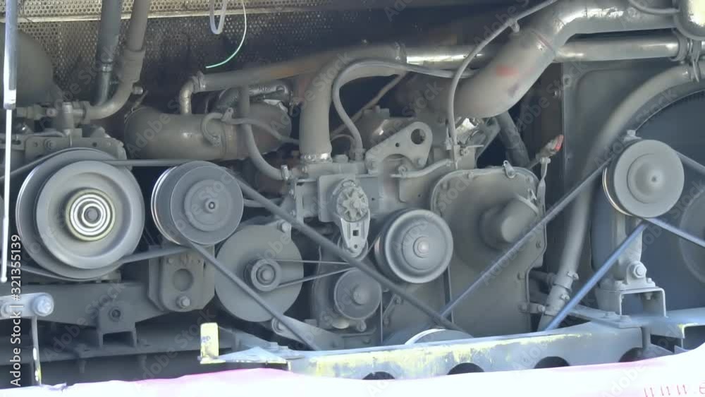 Working bus, truck diesel engine with motor belt, pulley, gear, engine ...