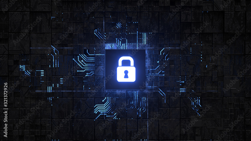 security lock symbol on circuit board.3d rendering,conceptual image ...