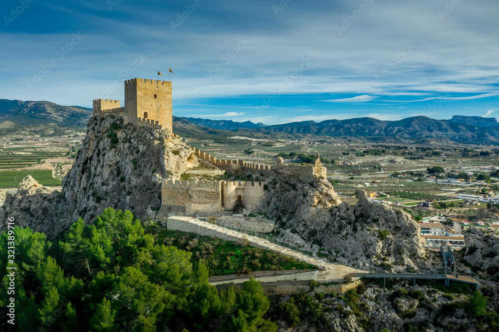 Aerial view of medieval restored Sax castle with two rectangular towers ...