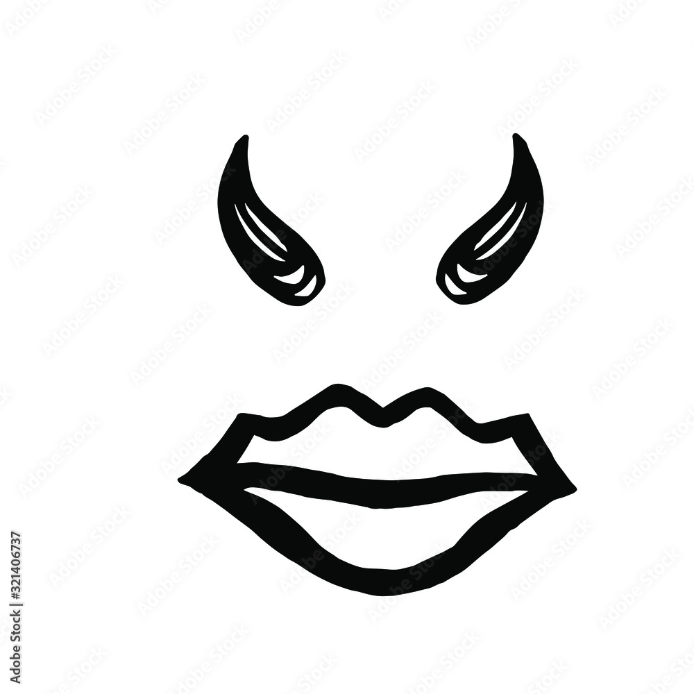 Vector illustration.Close-up abstract drawing of devil lips and horns ...